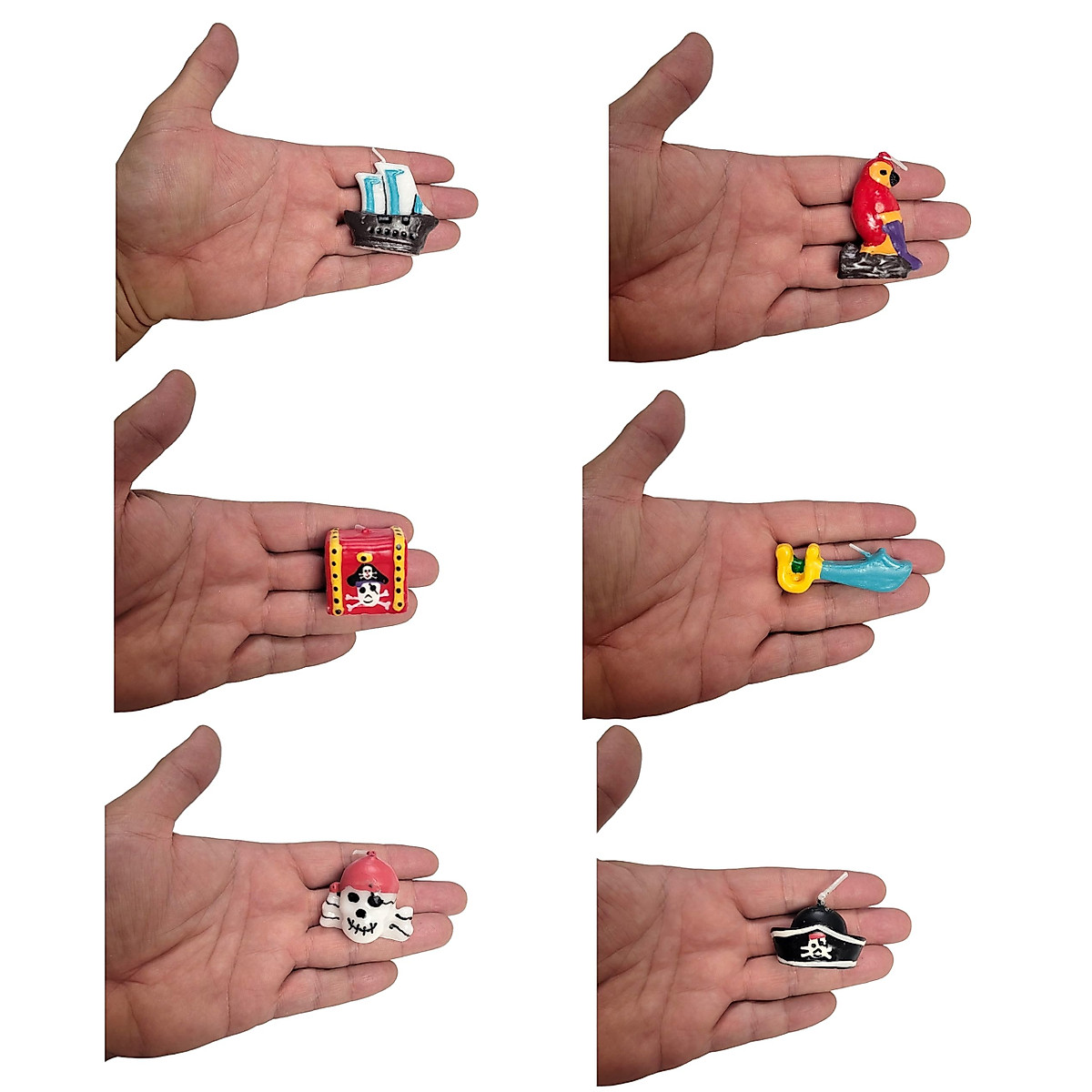 Pirate Themed Birthday Cake Candles (Set of 6) Treasure Chest, Skull, Sword, Pirate Hat, Pirate Ship and a Parrot. Great Cupcake Topper Candle (1 Set)