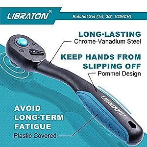 LIBRATON Ratchet Set, 3-Piece 1/4", 3/8", 1/2" Ratchet Handle with Teardrop Head, Quick-Release Ratchet Set with Comfort Grip, Reversible Design, 72-Tooth, EVA Organizer