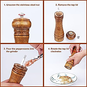 Wood Pepper Grinder Pepper Mill,Adjustable Coarseness Wooden Peppermill, Ceramic Grinding Mechanism Salt Mill Refillable - 8inch (1 Pack)