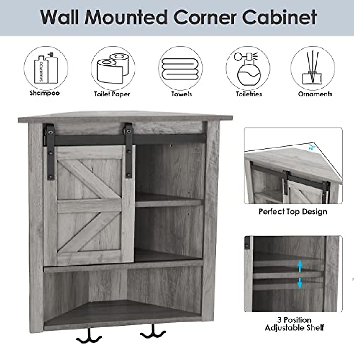 Fameill Bathroom Wall Cabinet Wall Mounted Corner Cabinet with Sliding Barn Door Over Toilet Bathroom Organizer Corner Wall Shelf Medicine Cabinet,Grey