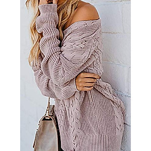 EVALESS Womens Fall Sweater 2023 Fashion Oversized Off The Shoulder Cable Knit V Neck Chunky Pullover Casual Solid Color Winter Long Sleeve Clothes Tops,Pink S
