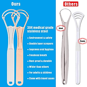 Stainless Steel Tongue Scraper Cleaner, 2 Pack Fresh Breath Tongue Cleaner for Adults, Kids, Men and Women, Surgical Grade Metal Scraper for Healty Oral Care, Bad Breath Cure (with 2 Travel Cases)