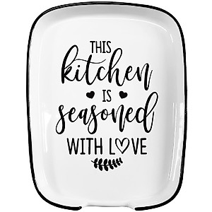 Hvukeke Ceramic Spoon Rest for Kitchen Stove Top Counter, Funny This Kitchen is Seasoned With Love White Spoon Holders for Chef, Mom, Grandma, Modern Farmhouse Kitchen Cute Decor Gift