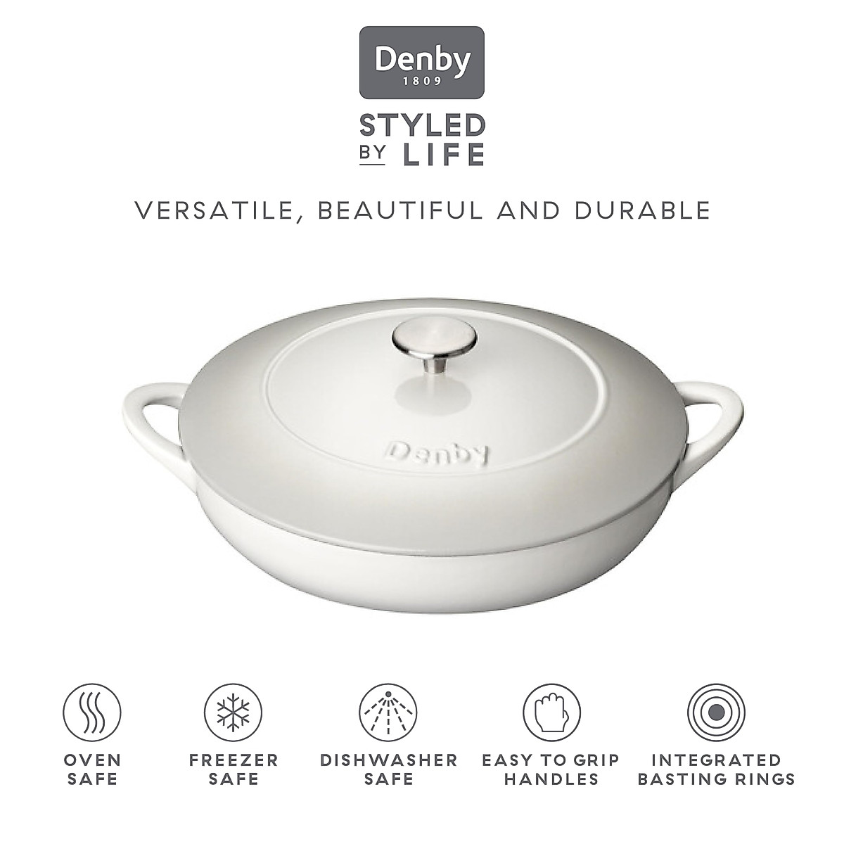 Denby - Natural Canvas White Cast Iron Casserole Dish Shallow - Dutch Oven, Oven Safe Pot, Enamelled - 3.8L Capacity, 11.8in - Serves 4-6 People