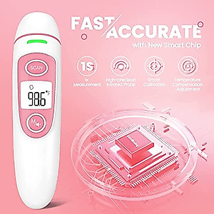 Forehead Thermometer for Adults and Kids, No-Touch Infrared Thermometer for Fever with LCD Display and Memory Function, Ideal for Family Use - Pink