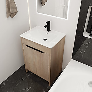 Goujxcy 24'' Freestanding Bathroom Vanity with White Ceramic Sink and 2 Soft-Close Storage Cabinet Doors Wooden Bath Cabinet Integrated Single Sink for Bathroom (Light Oak-24'')