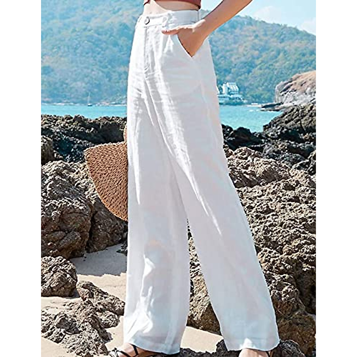 Hooever Womens Casual High Waisted Wide Leg Pants Button Up Straight Leg Trousers (White, M)