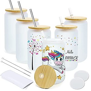 Realkant Sublimation Glass Blanks, 16 OZ Sublimation Glass Mason Jar with Bamboo Lids and Straws for Tumbler Press, Glass Cups Mugs Tumblers Beer Can for Iced Coffee Juice Soda Drinks (6 Set/Frosted)