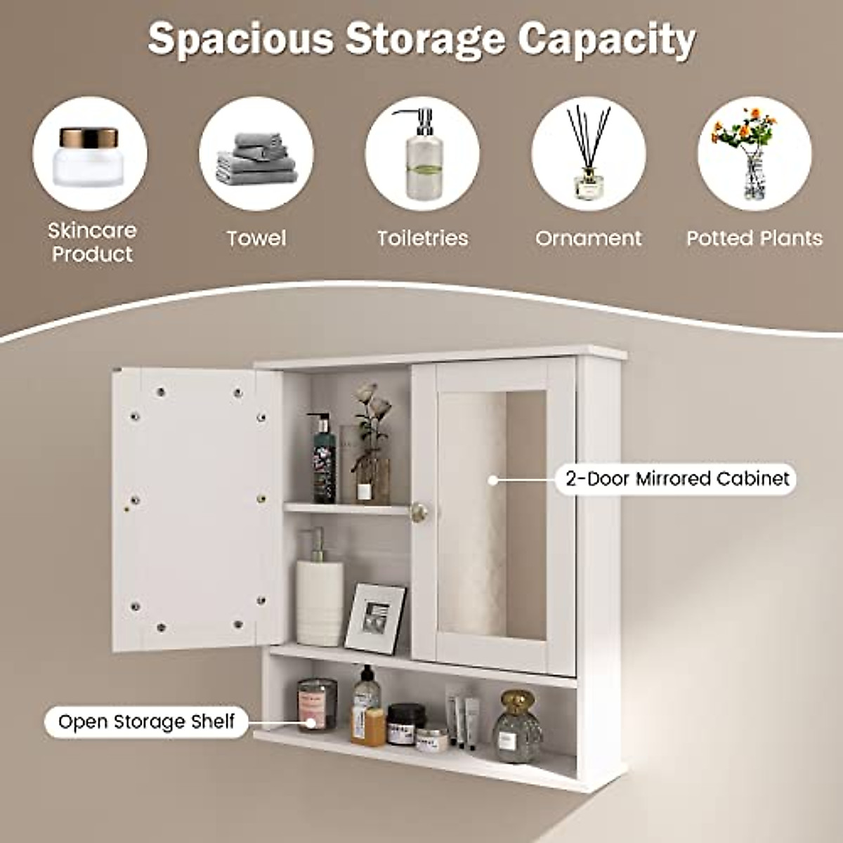 COSTWAY Bathroom Cabinet Wall Mounted - Over The Toilet Wall Storage Cabinet with 2 Mirror Doors and Adjustable Shelf, Hanging Medicine Cabinet for Bathroom, Living Room, Kitchen (White)