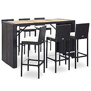 vidaXL 7-Piece Outdoor Rattan Wicker Bar Dining Patio Furniture Set with Acacia Wood Table Top, Bar Stool and Removable Cushion, Conversation Set for Patios, Backyards, Porches, Gardens and Poolside