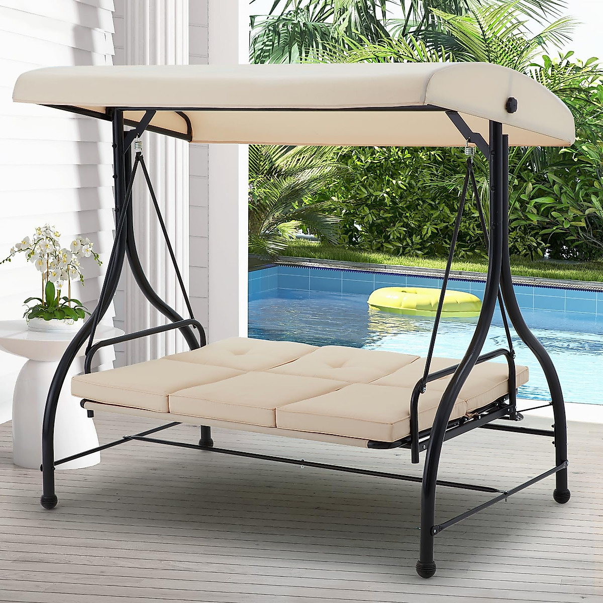 U-MAX Outdoor Proch Swing Chair with Adjustable Backrest&Canopy, Patio Swing Set 2-in-1 Convertible Outdoor Swing Patio Canopy Swing Daybed with Removable Beige Cushions for Adults