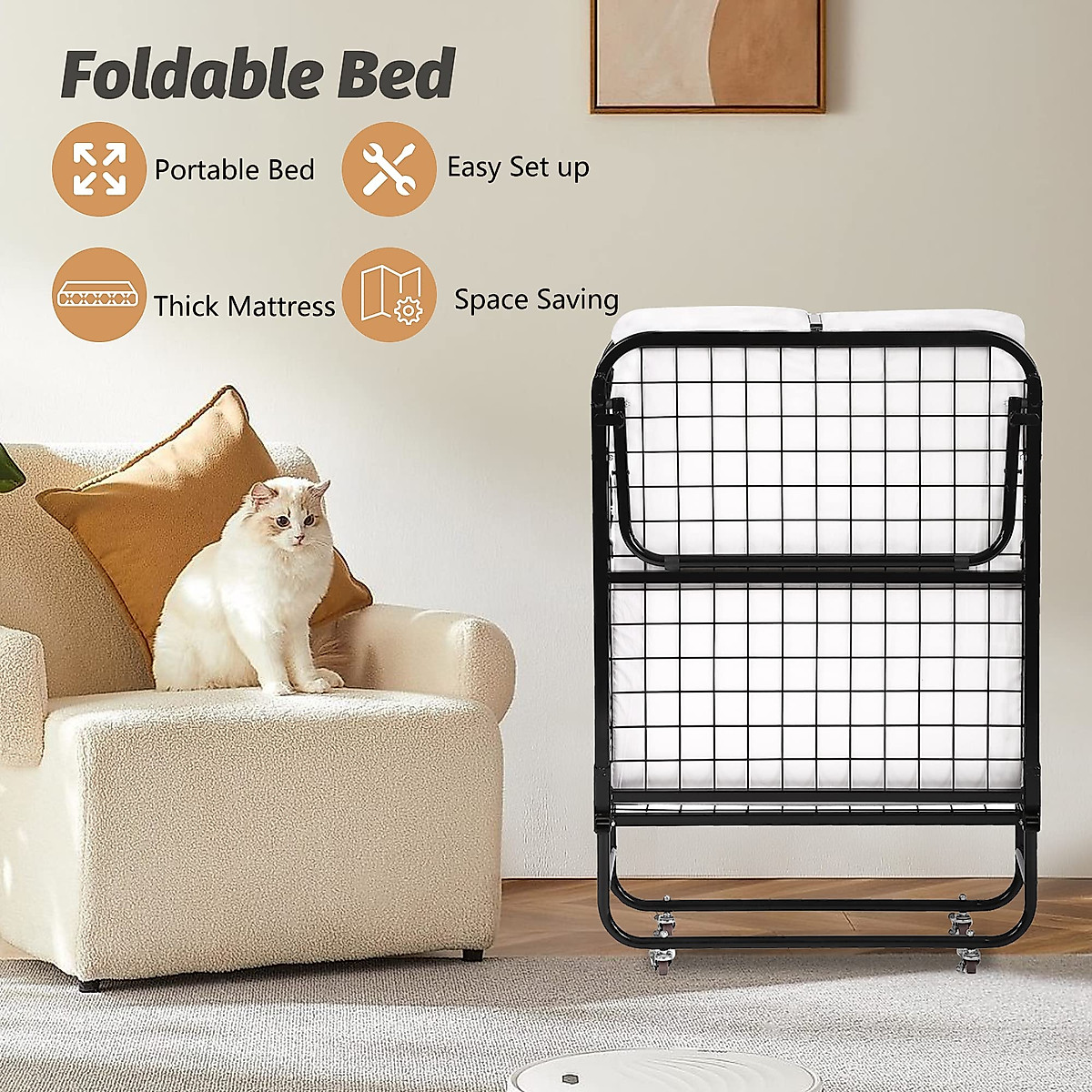 Folding Guest Bed with Wheels Guest Beds Portable Beds Extra Roll Away Foldaway 3.9 Inch Comfort Foam Mattress Strong Sturdy Frame Heavy Duty L75*W30*H12 Inches，White