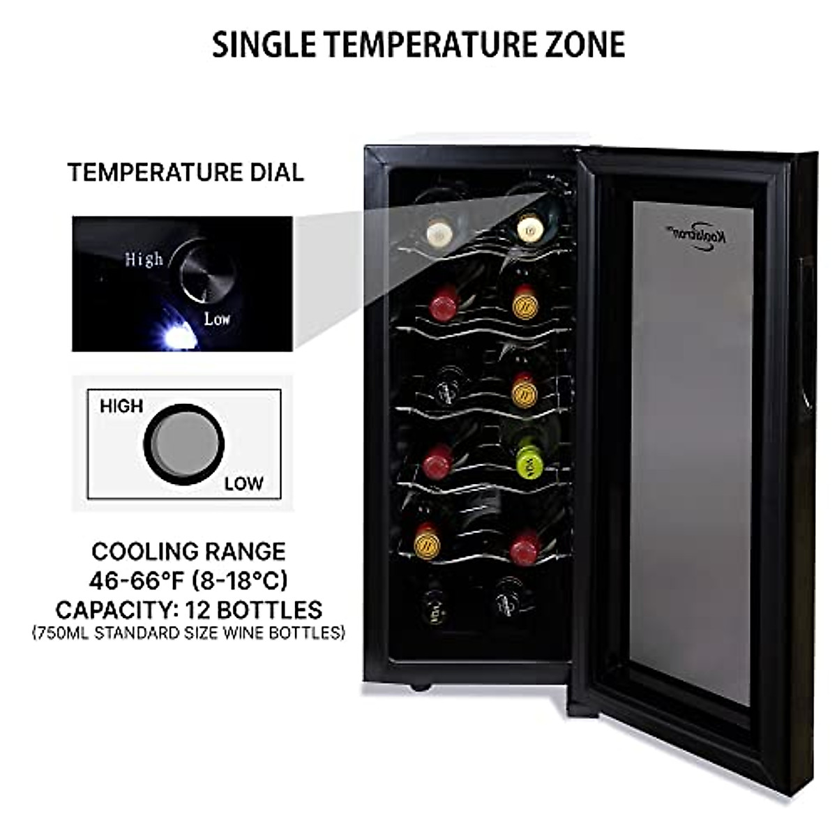Koolatron Urban Series 12 Bottle Wine Cooler, Thermoelectric Wine Fridge, 1 cu. ft. Freestanding Wine Refrigerator for Home Bar, Small Kitchen, Apartment, Condo, Cottage, RV