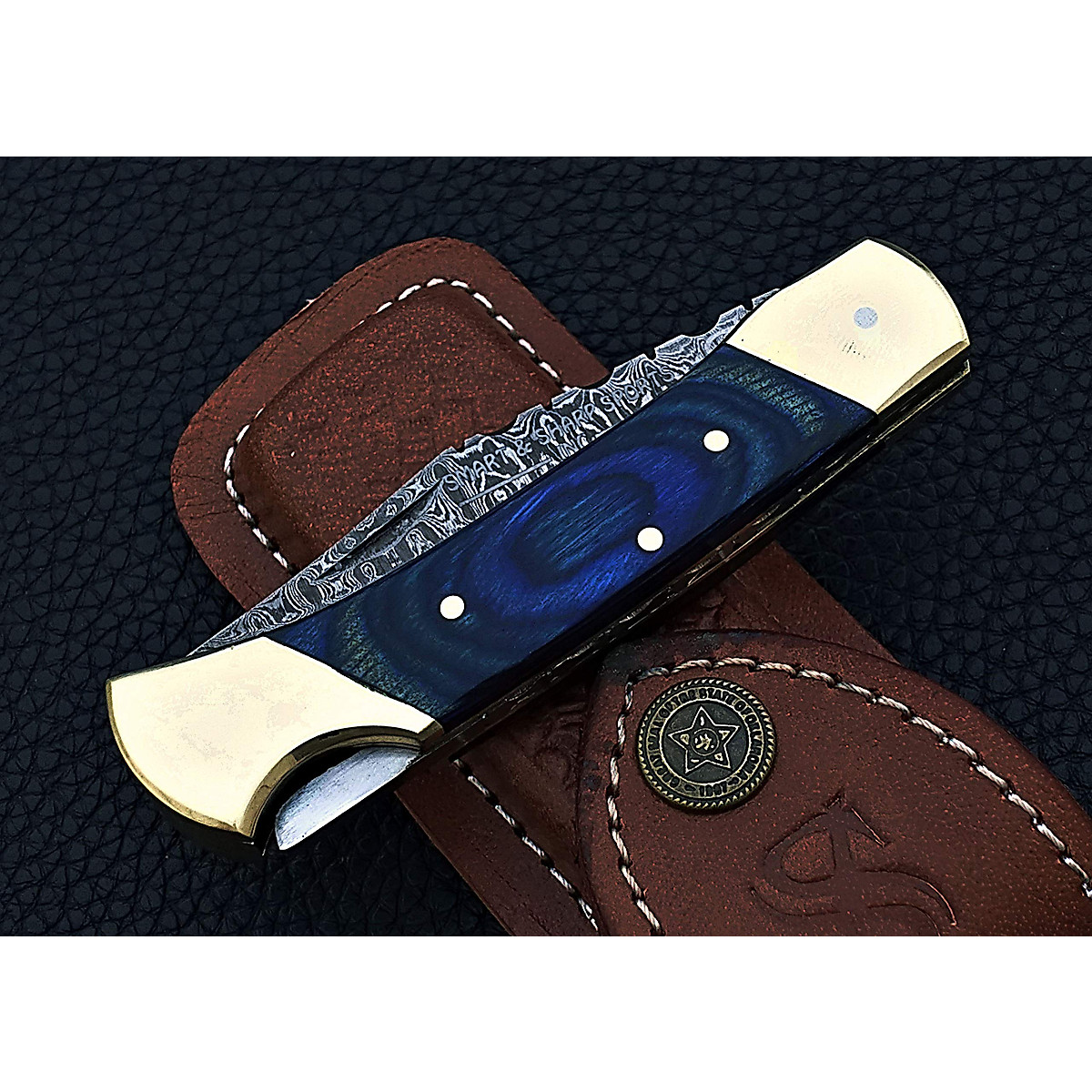 Smart & Sharp Custom Handmade Damascus Steel Folding Knife/Pocket Knife AR-17395 (Blue Colored wood) (blue)