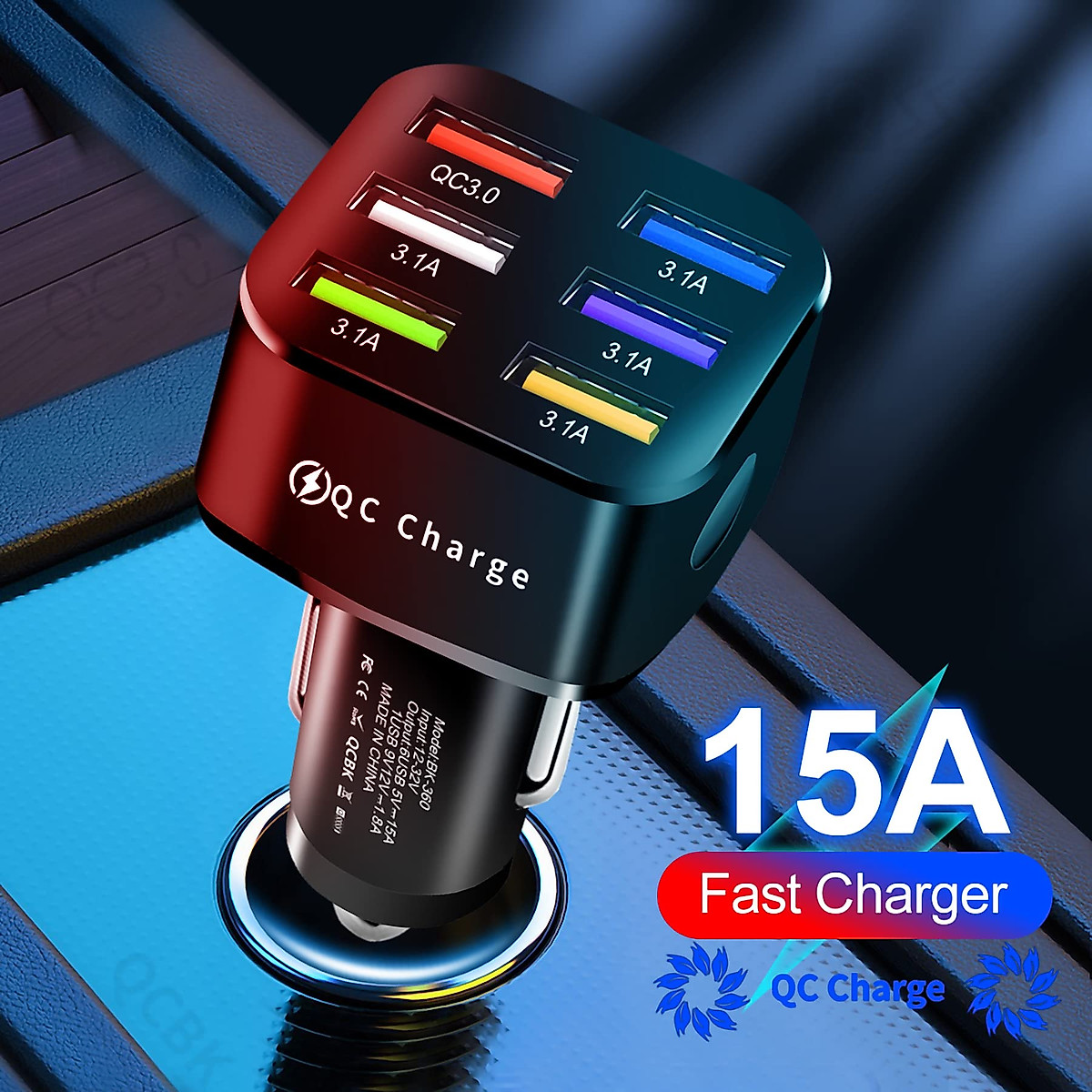 Amiss Car Charger Adapter, 6 USB Multi Port, Fast Charger, Include QC 3.0 and 5 Other Ports, Car Interior Accessories, Fit for iPhone 13/12/11/pro，Samsung Galaxy/Note S10/S9/S8 - Bright Black