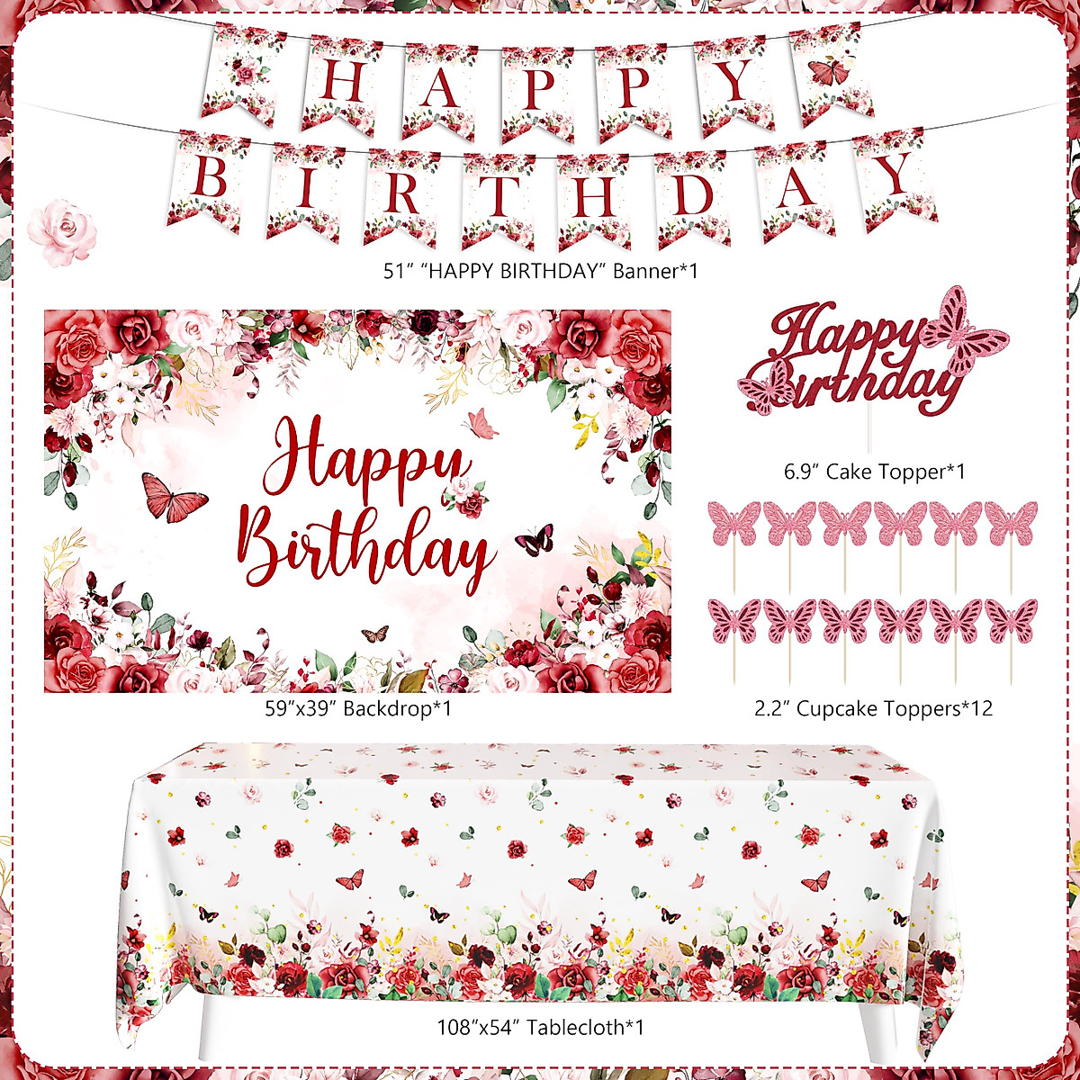 Birthday Decorations Party Pack for Women Girls Burgundy Birthday Party Supplies for Her Red Flower Backdrop Burgundy Rose Gold Balloon Arch Kit Banner Floral Tablecloth Butterfly Cupcake Toppers