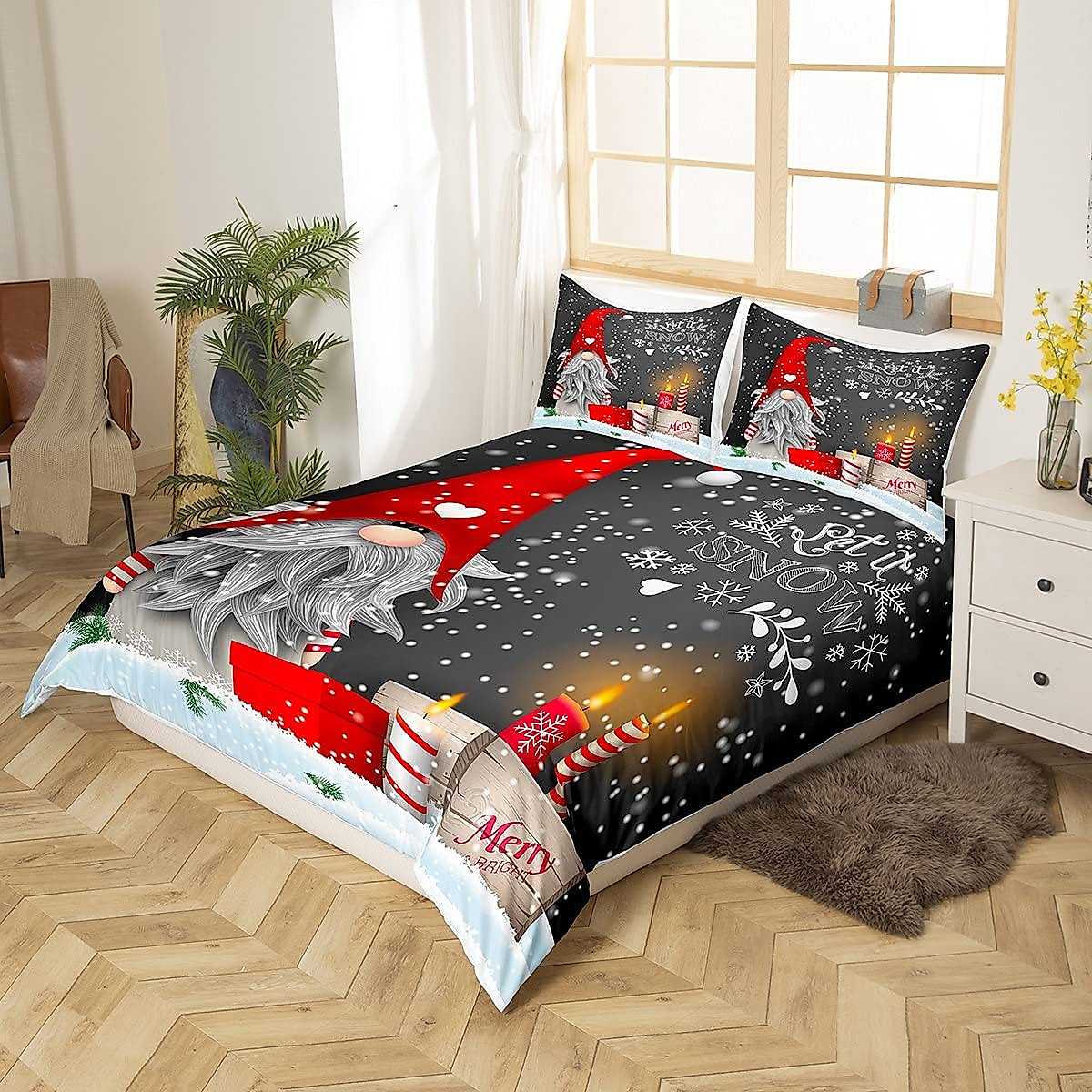 Erosebridal Xmas Bedding Sets Scandinavian Christmas Santa Gnomes Comforter Cover Snowing Santa Claus Bedding Sets for Kids Boys Girls Romantic Candlelight Quilt Cover 3 Pieces Full Size