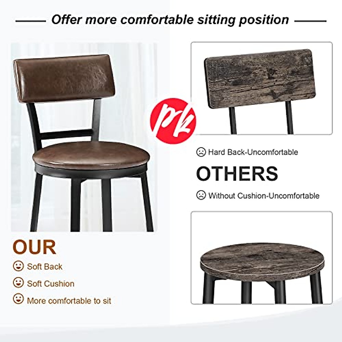 MNEETRUNG Bar Stools Set of 2，Counter Height Bar Stools with PU Leather，28 Inches Modern Barstools with Back and Footrest for Dining Room Kitchen Counter Bar,Brown