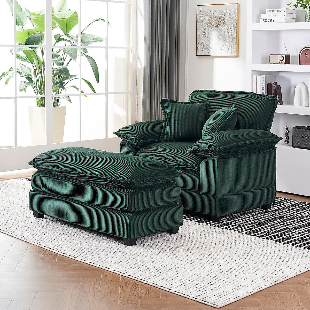 DERCASS Corduroy Single Sofa with 2 Toss Pillows and Ottoman,56.3 Inch Comfy Sofa- Deep Seat Couch for Living Room (Green)