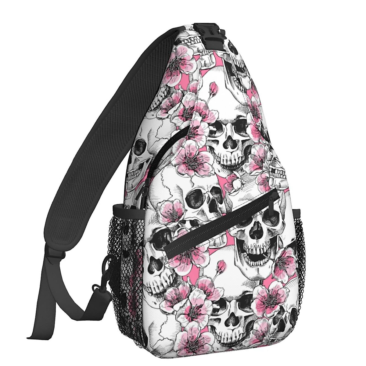 Famame Sugar Skull Skeleton Flower Pink Sling Backpack Chest Bag Crossbody Shoulder Bag Gym Cycling Travel Hiking Daypack For Men Women, Multicolor