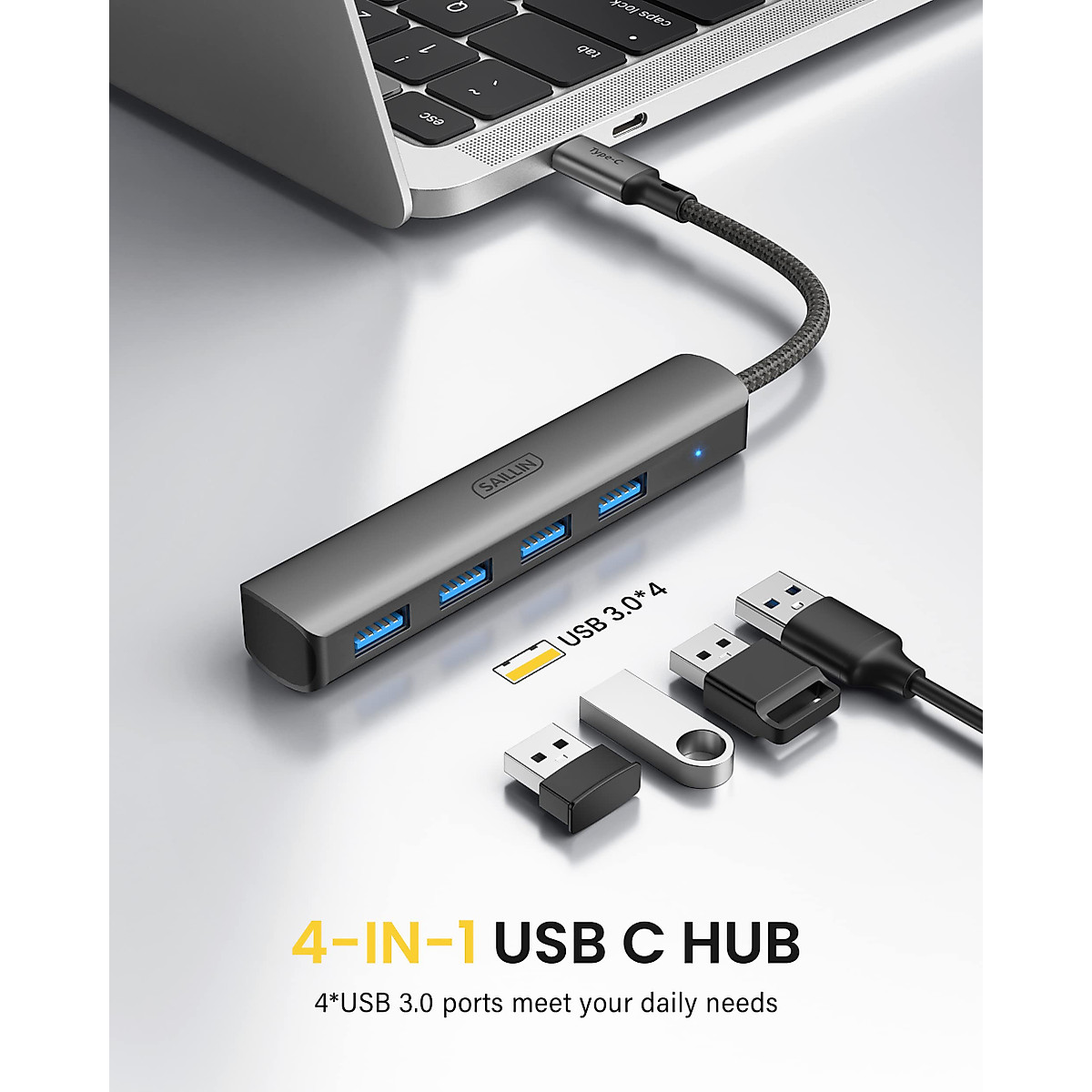 USB C to USB Hub 4 Ports, SAILLIN Aluminum Type C to USB Adapter with 4 USB 3.0 Ports, Thunderbolt 3 to USB 3.0 Multiport Adapter Compatible with MacBook Pro/Air, iPad Pro, XPS, Chromebook and More