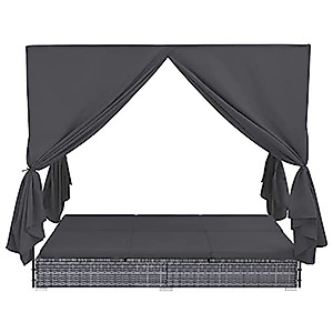 Tidyard Outdoor Lounge Bed with Curtains Sunbed Outdoor Sofabed Garden Furniture Weather-Resistant & Waterproof, Removable & Washable Cushion Poly Rattan Gray
