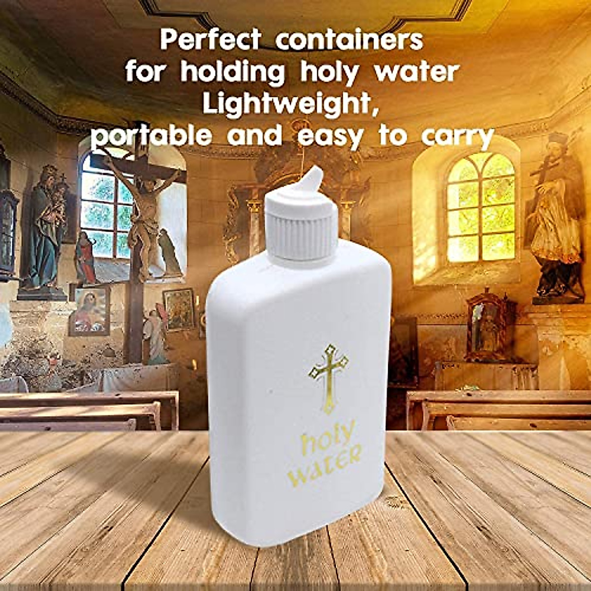 IUASZZ 10 Pieces Holy Water Bottles White with Gold Blocking Logo Religious Easter Plastic Bottle for Home Kitchen Party Decorative Accessories 3.4oz