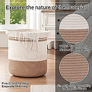 OIAHOMY Laundry Basket- Rope Basket Large Storage Basket with Handles,Modern Decorative Woven Basket for Living Room,Storage Baskets for Toys, Throws, Pillows,and Towels -18"×16"-White&Yellow