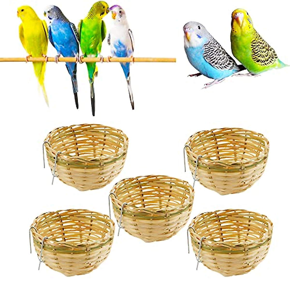 VTurboWay 5 Pack Bird Bamboo Nest, Handwoven Natural Bird Cage House Hatching Breeding Cave with Hook, Country-Style for Small Bird Parrot Canary Swallow Finch