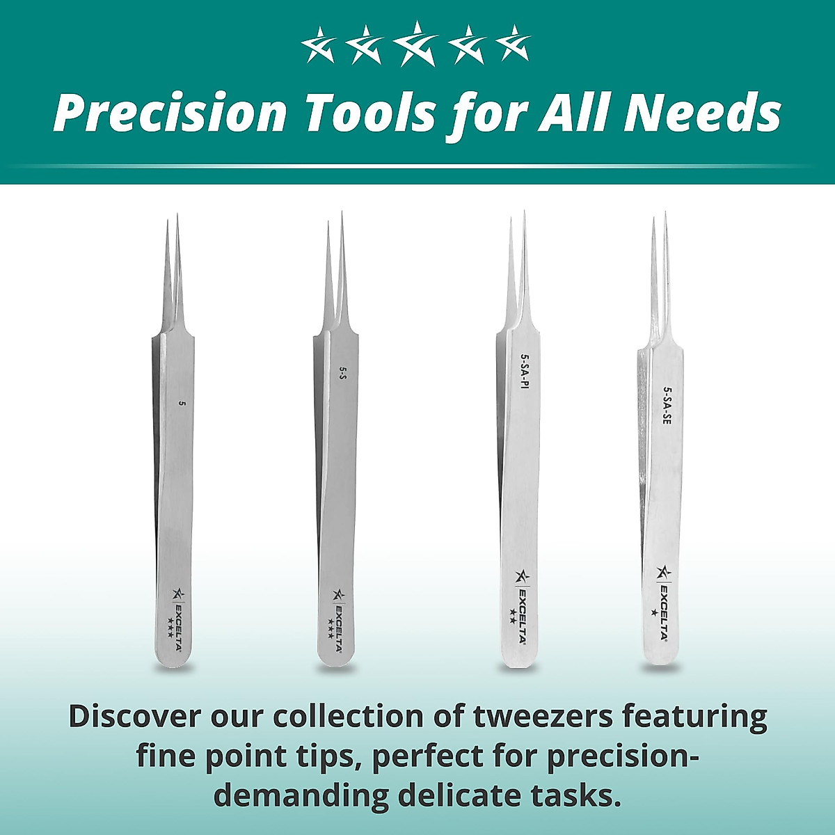 Excelta Ultra Fine Point Tweezers, Mini Straight Tapered For Microscopy, 4.25" Anti-Magnetic Stainless Steel, Basic