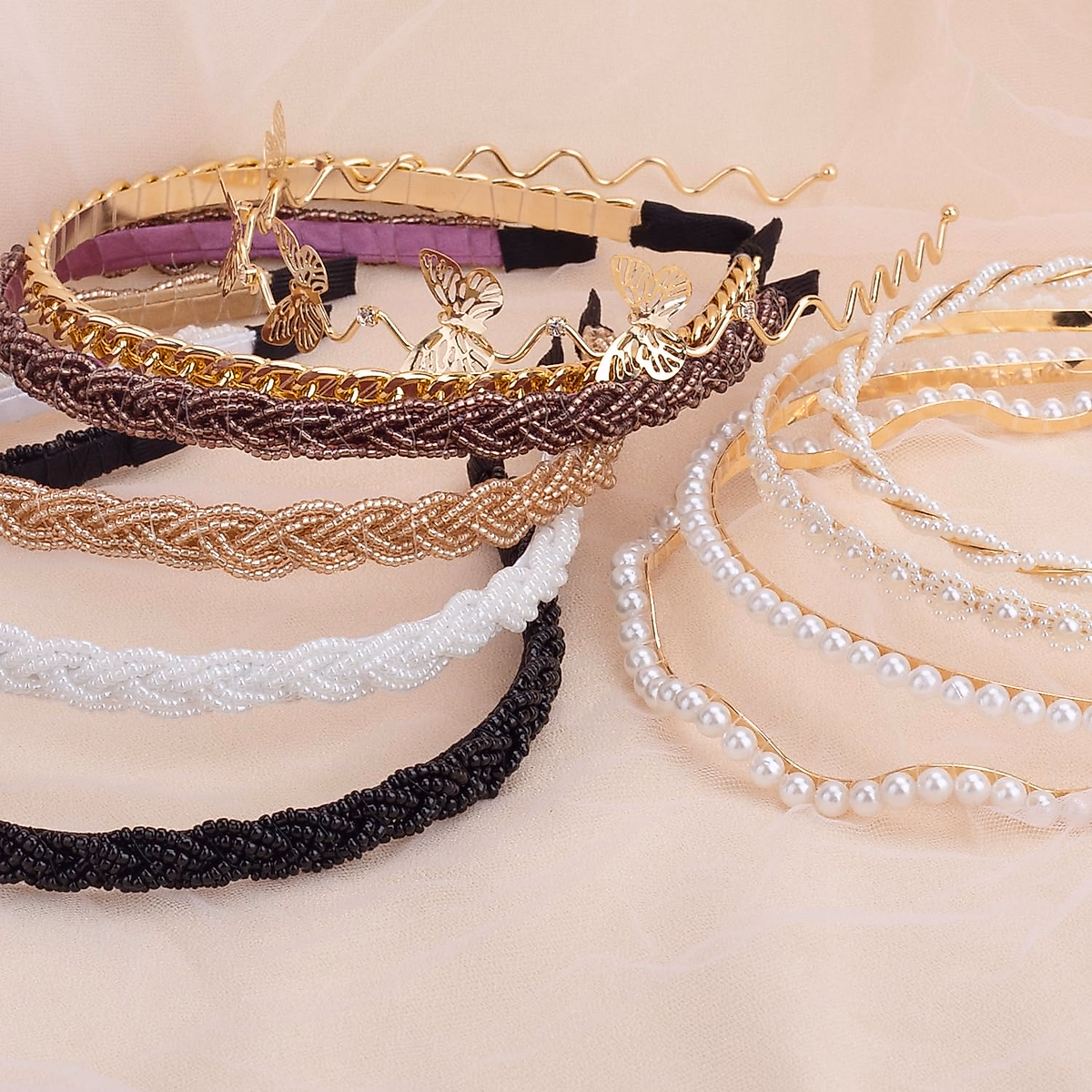 LYroo Cute Pearl Headbands Beaded Headband Metal Head Bands No Slip Fashion Hair Accessories for Women Girls,10 Pack