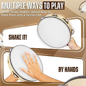 Flexzion Wood Handheld Tambourine Adults 6-Inch Double Row 8-Pair Jingles (Wood) - Percussion Round Tamborines Musical Instrument with Metal Zills