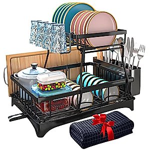 Godboat Dish Drying Rack, Dish Rack with Extra Drying Mat, 2-Tier Dish Racks for Kitchen Counter, Kitchen Gadgets with Drainboard & Utensil Hooks, Kitchen Organization & Decor, Gifts for Women & Men