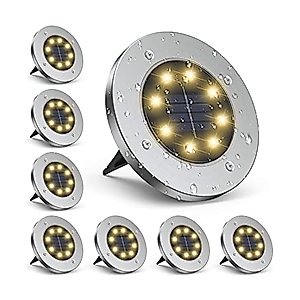 Solar Ground Lights, 8 LED Warm Light Outdoor Solar Disk Lights, IP65 Waterproof Solar Pathway Lights Outdoor Landscape Lighting for Walkway Garden Driveway Path Yard Patio Lawn Fence,8 Pack