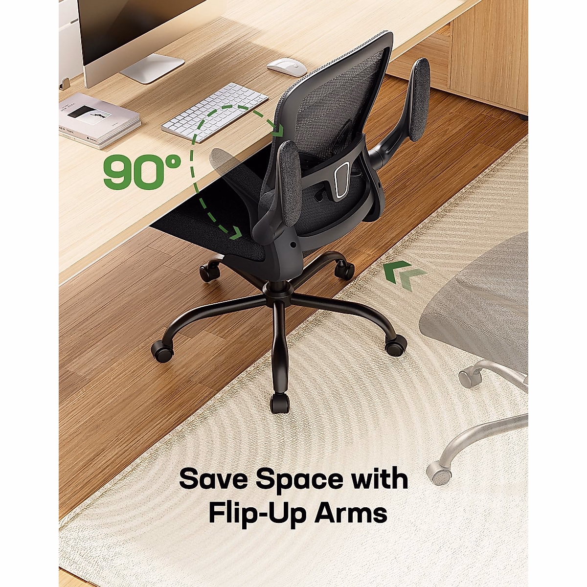 Marsail Office Chair Ergonomic-Desk Chair: Mesh Back Home Office Chair with Adjustable Lumbar Support, Computer Desk Chair with Flip-up Armrests Swivel Home Office Task Chair(Bright Black)