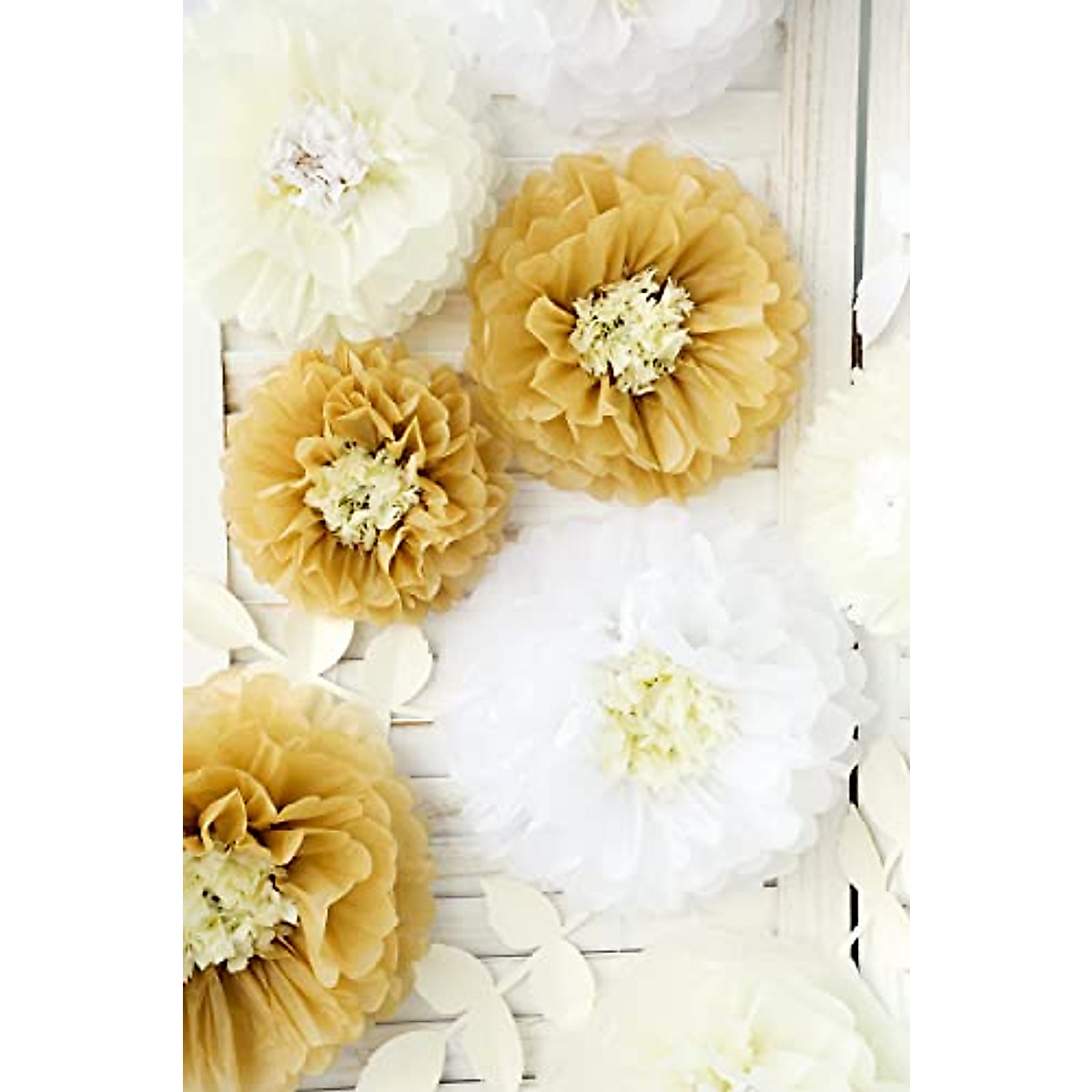 Fonder Mols Tissue Paper Chrysanth Flowers Paper Leaves DIY Crafting for Rustic Wedding Backdrop Baby Shower Nursery Decorations (Set of 15, Khaki Ivory White)