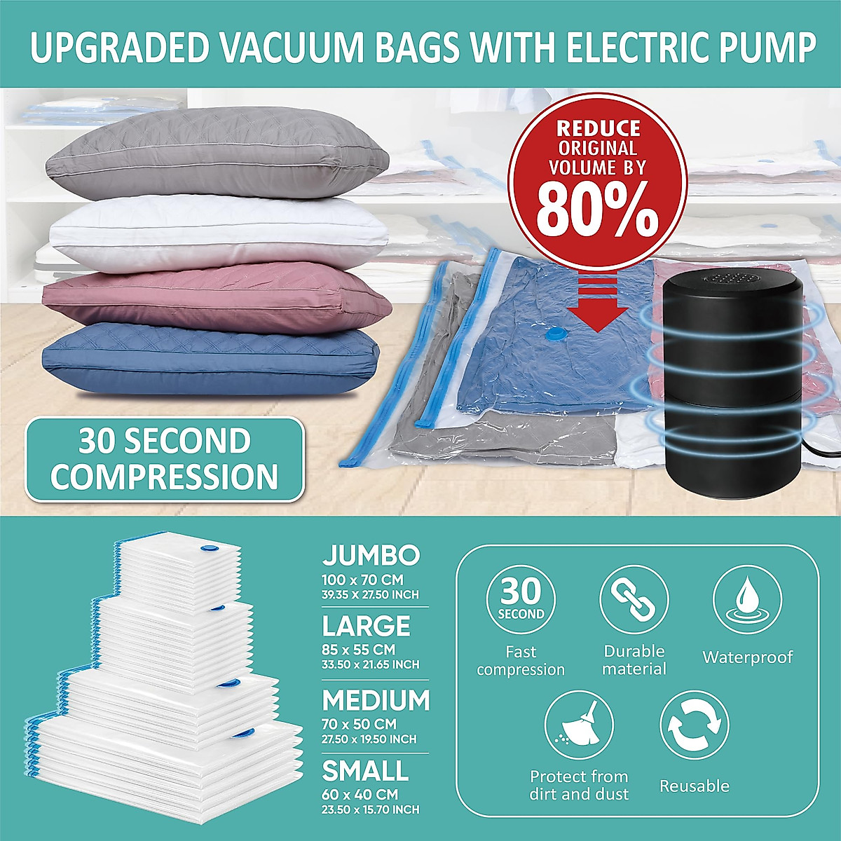 30 Vacuum Storage Bags with Electric Pump, Vacuum Sealed Storage Bags (5Jumbo/5Large/10Medium/10Small), Space Saver Vacuum Seal Bags for Clothing, Comforters, Pillows, Towel, Blanket Storage, Bedding