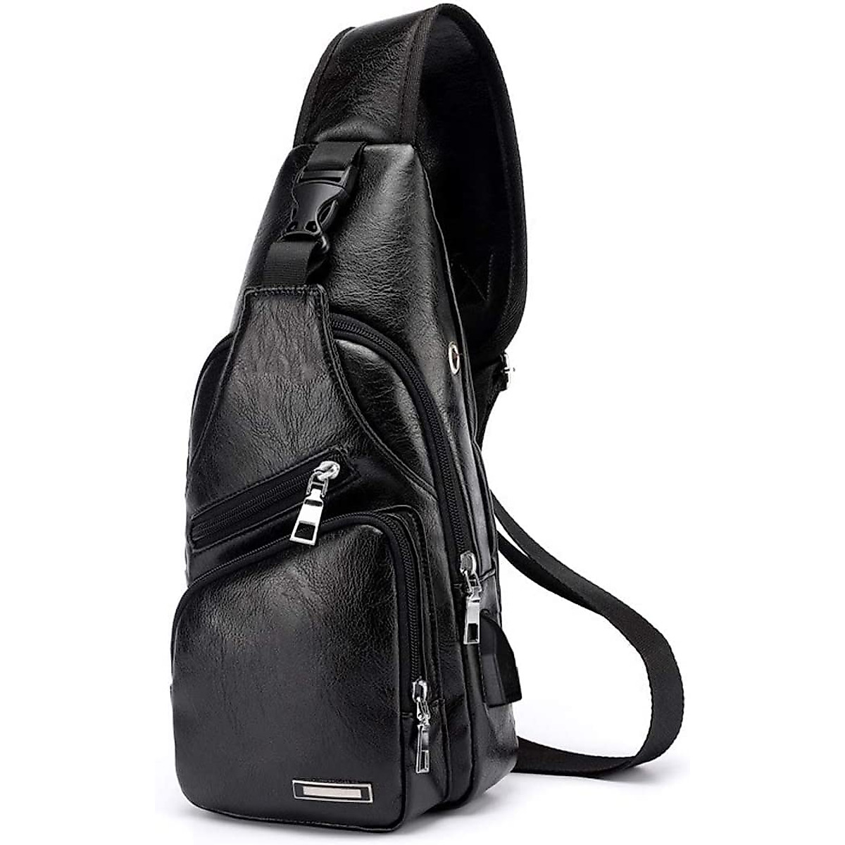Men's Leather Sling Bag Multipurpose Daypack Shoulder Chest Crossbody Bag Black with USB Charging Port (Black)