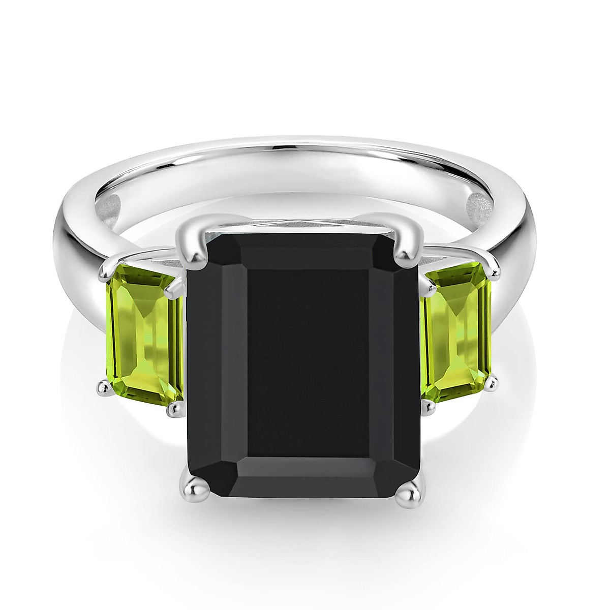 Gem Stone King 6.97 Ct Octagon Black Onyx Green Peridot 925 Sterling Silver 3-Stone Ring (Size 7)