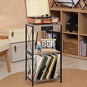 Vrisa 3-Tier Vinyl Record Storage Shelf Record Player Stand with Charging Station, Grey
