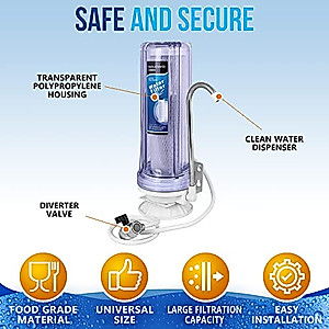 One Stage Countertop Drinking Water Filtration System Removes Chlorine, Transparent Housing and Yearly Supply (2 Extra) Block Activated Carbon Cartridges 5 Micron, Meets NSF Standards & Regulations