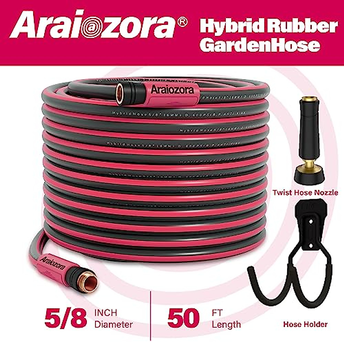 Garden Hose 50 FT,Heavy Duty Kink-resistant Hybrid 5/8 Inch Flexible Rubber Water Hose Kit With Solid Brass Twist Hose Nozzle & Hose Holder,All-weather,Lightweight,Burst 600PSI