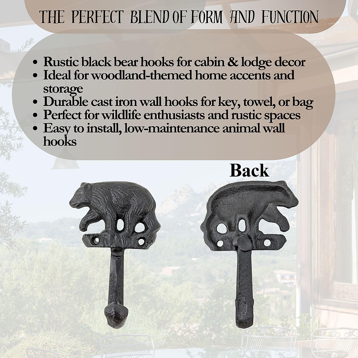 BestGiftEver Decorative Wall Coat Hooks Set of 2 with Black Bear in The Forest Accent - Rustic Cast Iron Animal Wall Mounted Hooks for Cabin Lodge - Ideal for Wildlife and Woodland Theme Enthusiasts