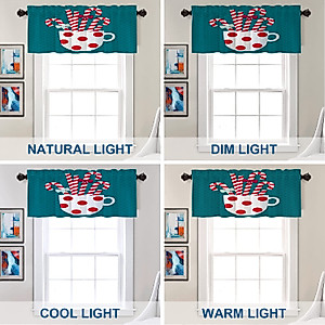 Batmerry White Red Christmas Kitchen Valances Half Window Curtain, White Cup with Red Polka Dot Ornament Candy Cane Kitchen Valances for Windows Valance for Decor Reducing The Light 52x18 Inch