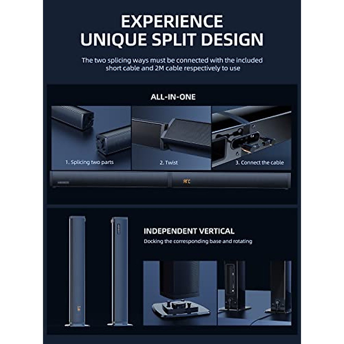 MEREDO Sound bar with Subwoofer 180W Detachable 2 in 1 Sound Bars for TV 2.1CH Treble & Bass Adjust 5 EQ Modes ARC/Optical/AUX/Bluetooth 12L Deep Bass for Home Theater Wall Mount-37 Inch