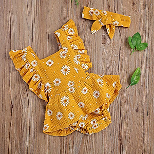 Yoawdats Infant Girls Clothes Baby Bodysuits Cotton Linen Rompers for Girls 2PCS Summer Outfits with Headband (Yellow, 0-6 Months)
