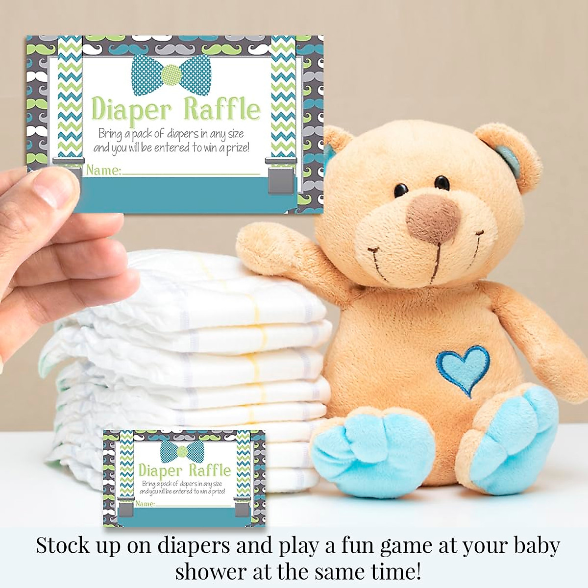 Amanda Creation Little Man Bow Tie, Mustache, & Suspenders Themed Diaper Raffle Tickets for Boy Baby Showers, 20 2" X 3” Double Sided Inserts, Bring a Pack of Diapers to Win Favors &