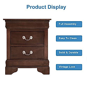 Henf Nightstand with 2 Drawers Traditional Rectangular Side Table, Bedside Table with Metal Ring Handle, Full Assembly Wood Night Stand for Bedroom Furniture, Cherry Brown