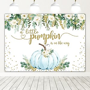 Mocsicka Boy Pumpkin Baby Shower Backdrop Greenery Blue Floral Fall Baby Shower Background A Little Pumpkin is On The Way Baby Shower Party Cake Table Decoration Banner Photo Booth Props (7x5ft)
