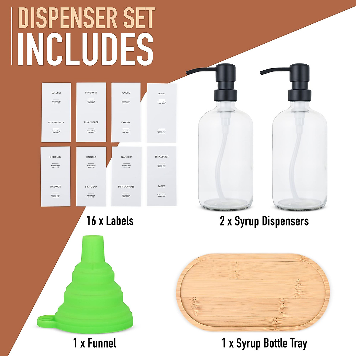 Coffee Syrup Dispenser for Coffee Station | Glass Syrup Dispenser for Coffee Bar | Includes 2 Glass Syrup Bottle, Pumps and Labels, 16.9 oz 500 ml.